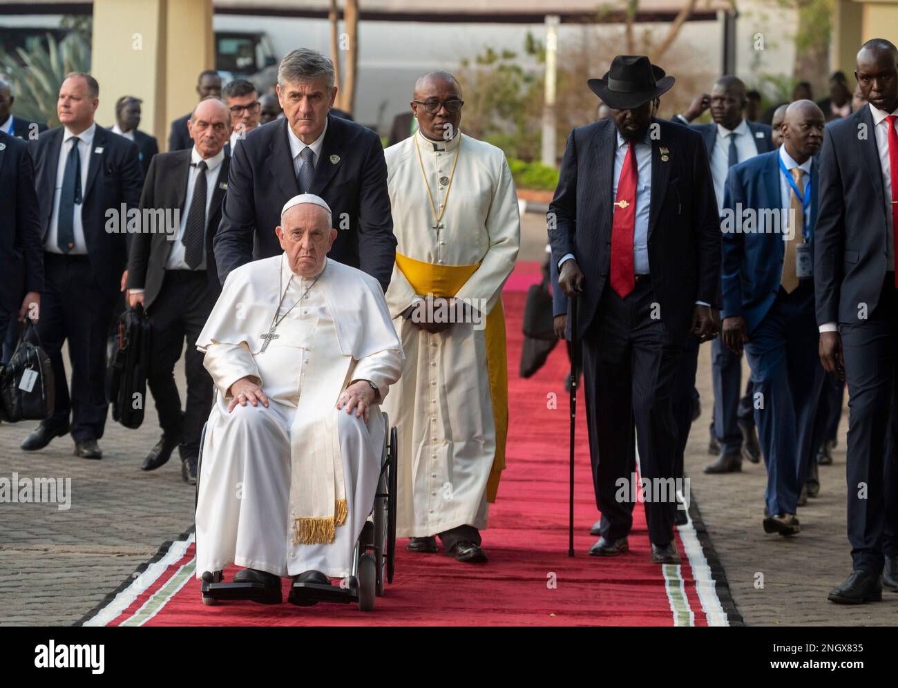 Friday February 3rd 2023: Juba South Sudan. The Pope with President Salva Kiir Mayardit (hat ...