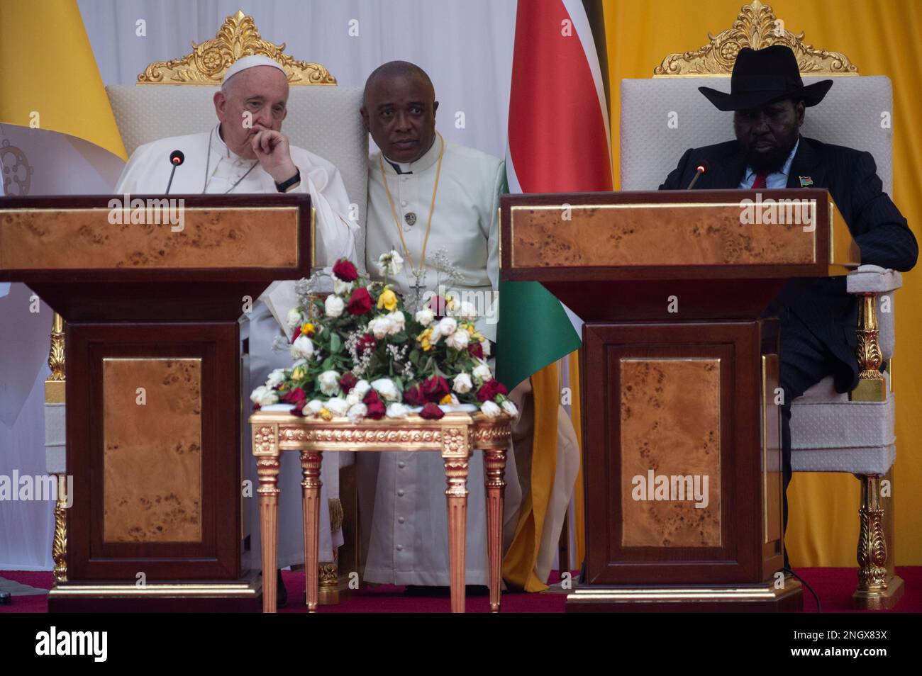 Friday February 3rd 2023: Juba South Sudan. The Pope with President Salva Kiir Mayardit (hat ...