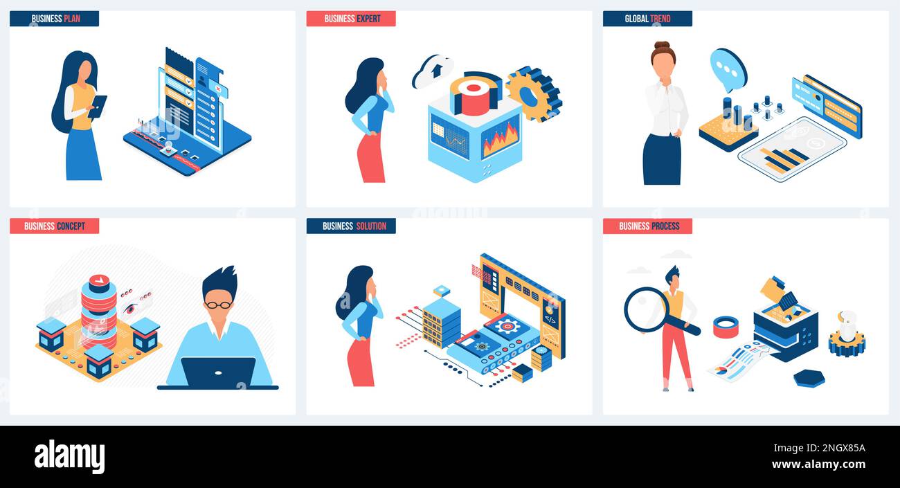 Business plan and global trends, expert business decision making set vector illustration ...