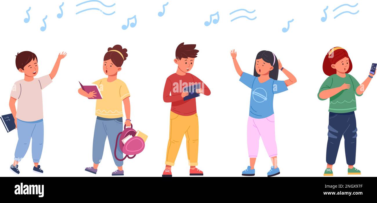 Child singers. Kids singing song, children voice for school choir, boy ...