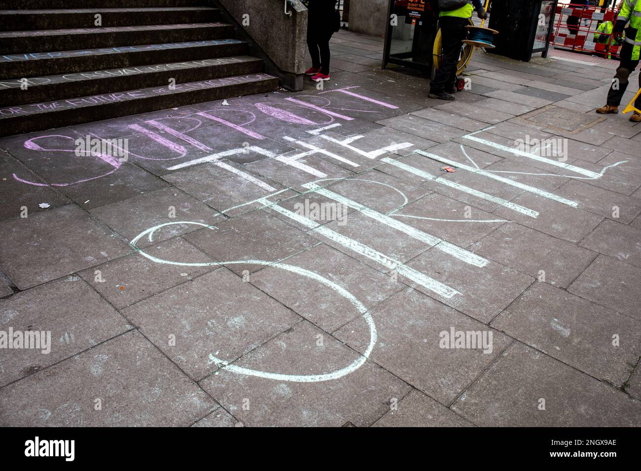 Support the Strike written on pavement with chalk in front of UCL 26 Bedford Way building during ...