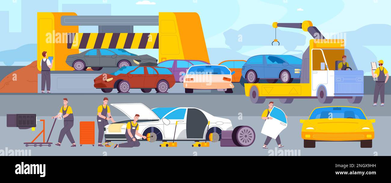 Car junkyard. Recycling metal scrap abandoned cars, dismantling old ...