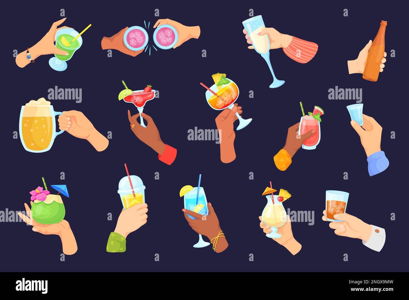 Hands holding cocktails. Hand hold alcohol beverages for birthday toast ...