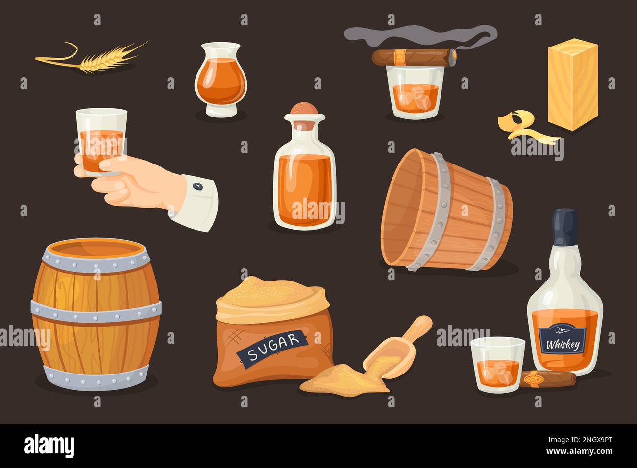 Whiskey advertisement. Cartoon whisky products, glencairn glass bourbon ...