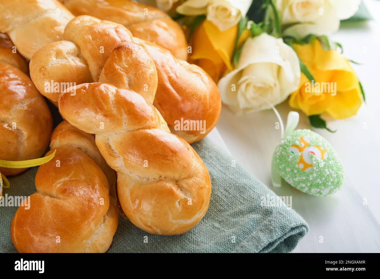 Easter breakfast Holliday concept. Easter bunny buns rolls with cinnamon made from yeast dough ...