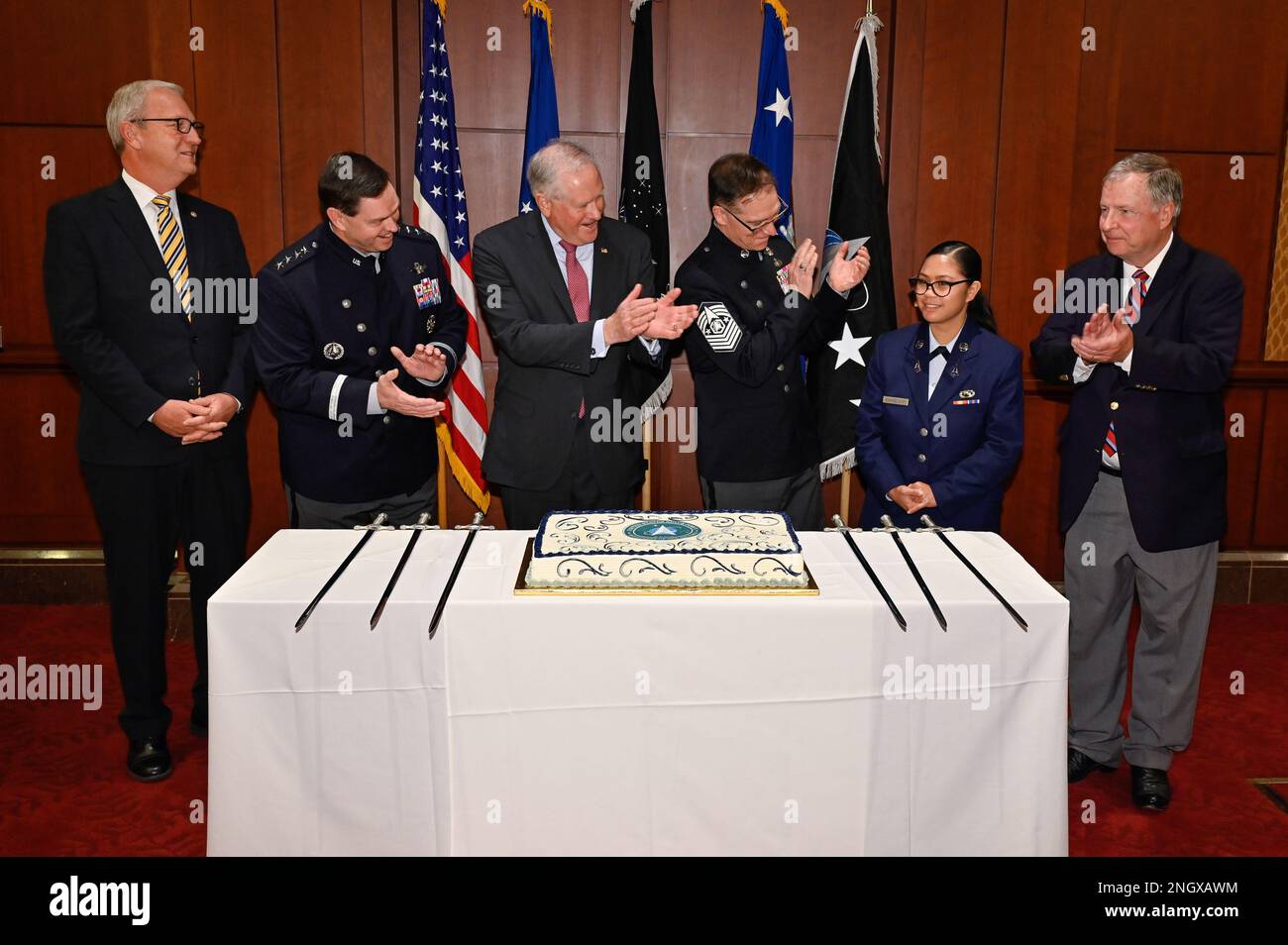 Sen. Kevin Cramer, left, Chief of Space Operations Gen. Chance Saltzman ...