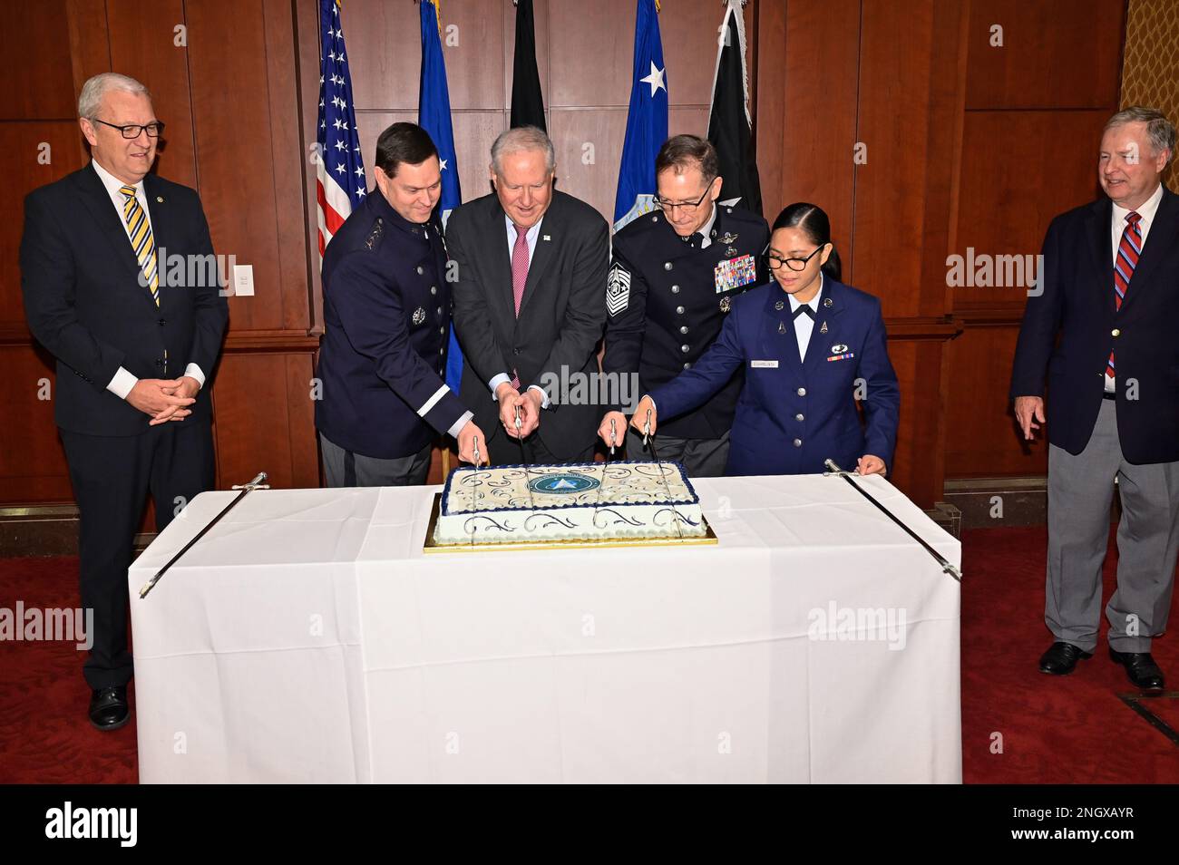 Sen. Kevin Cramer, left, Chief of Space Operations Gen. Chance Saltzman ...
