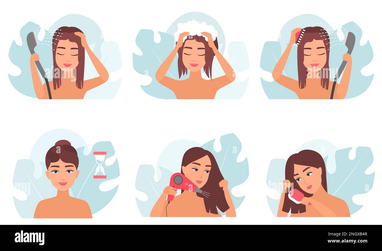 Hair care of woman set vector illustration. Cartoon beauty routine of ...
