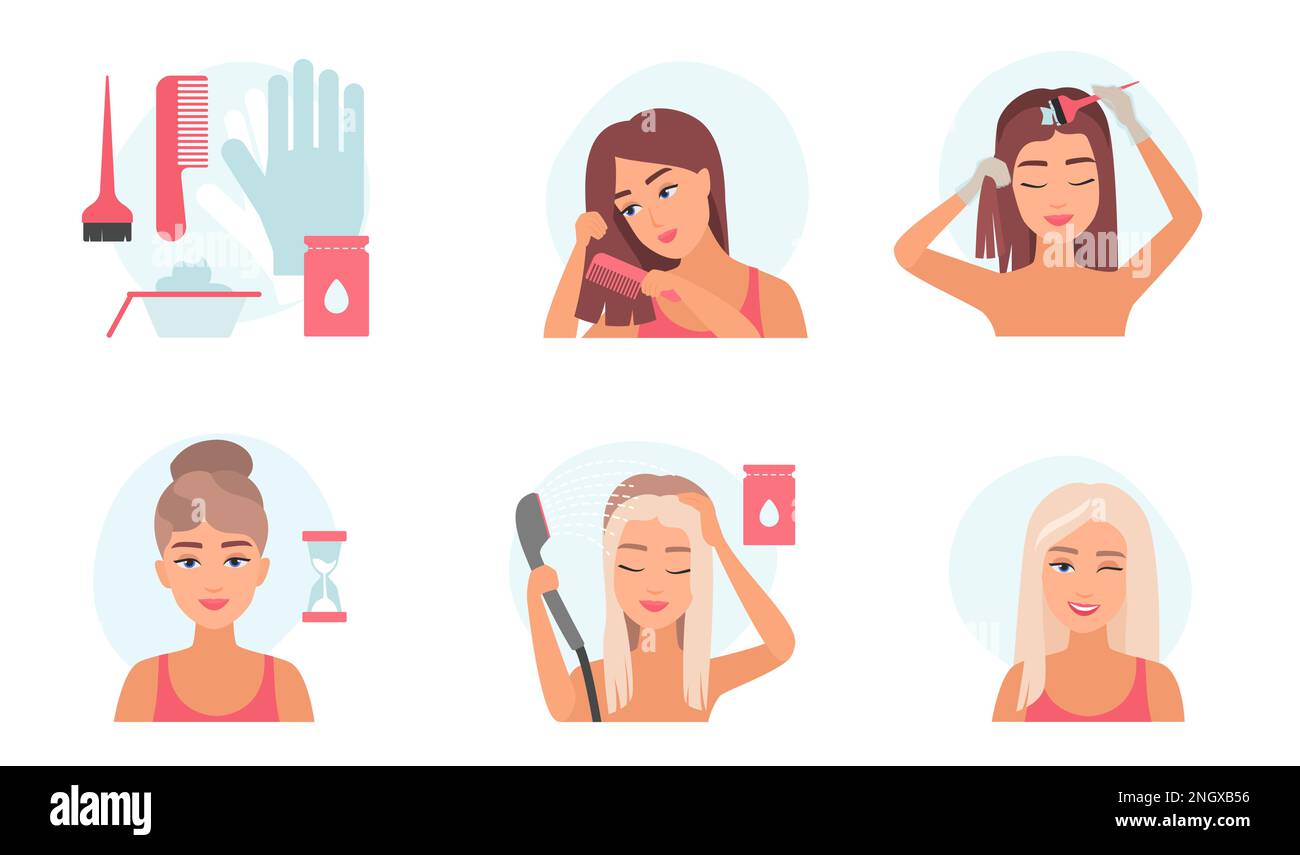 How to dye your hair at home vector illustration. Cartoon steps of hair ...