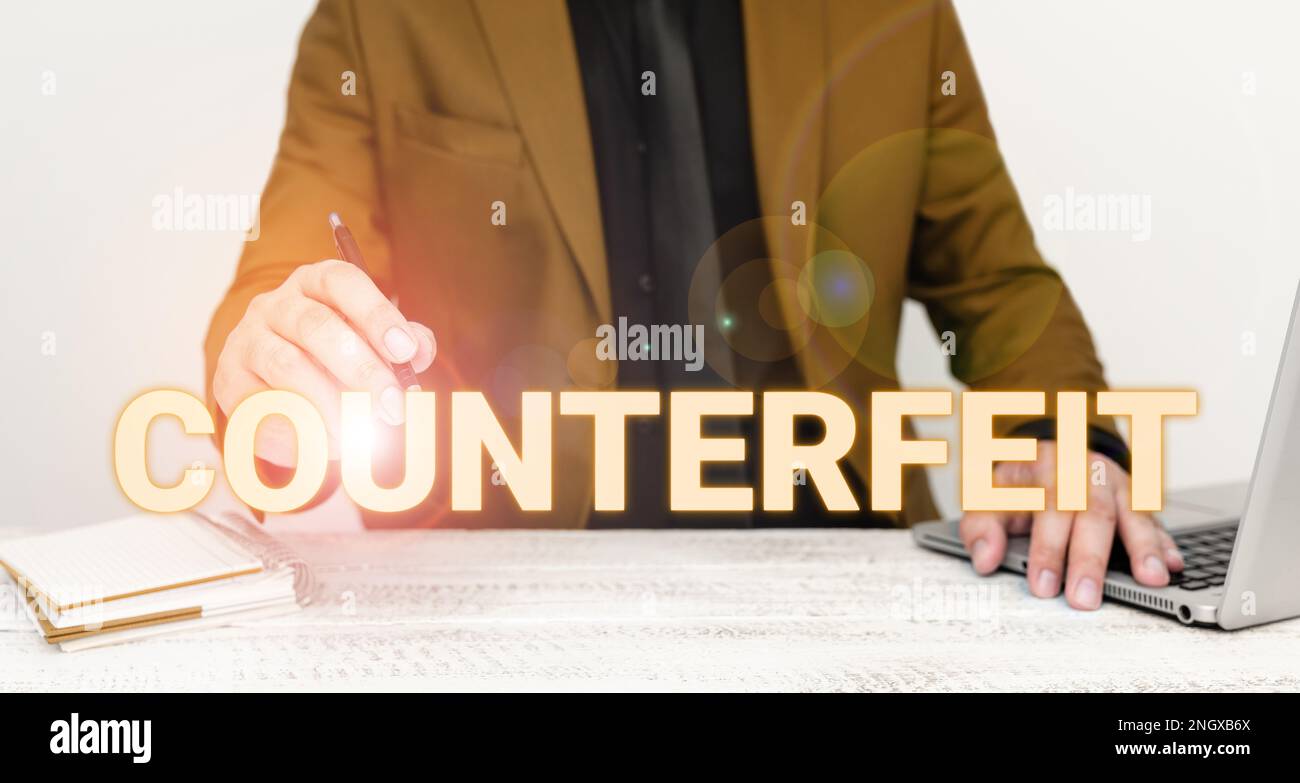 Conceptual display Counterfeit. Word Written on made in imitation of ...