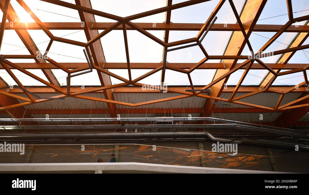 Wooden ceiling structure. Building with modern architectural design ...