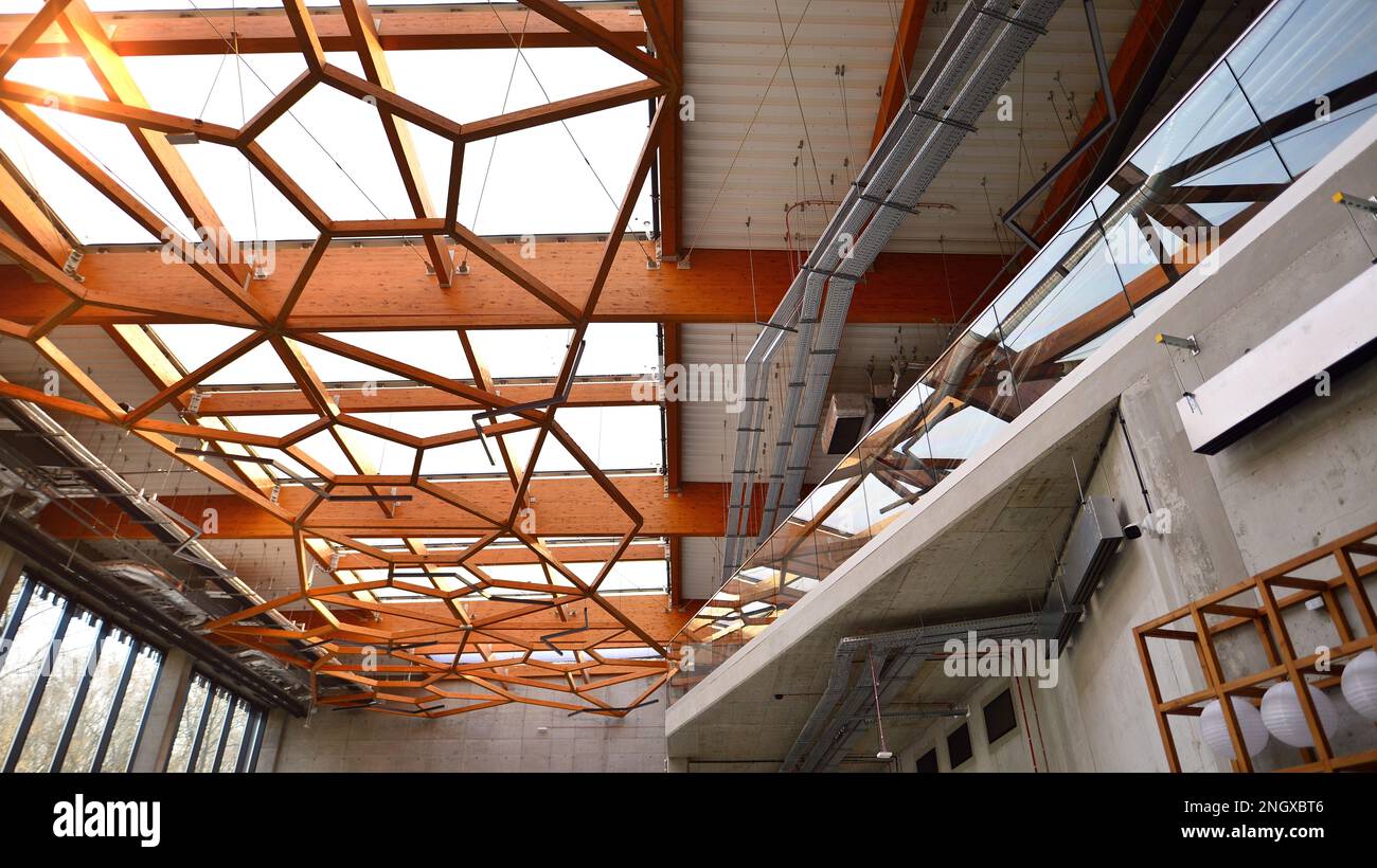 Wooden ceiling structure. Building with modern architectural design ...