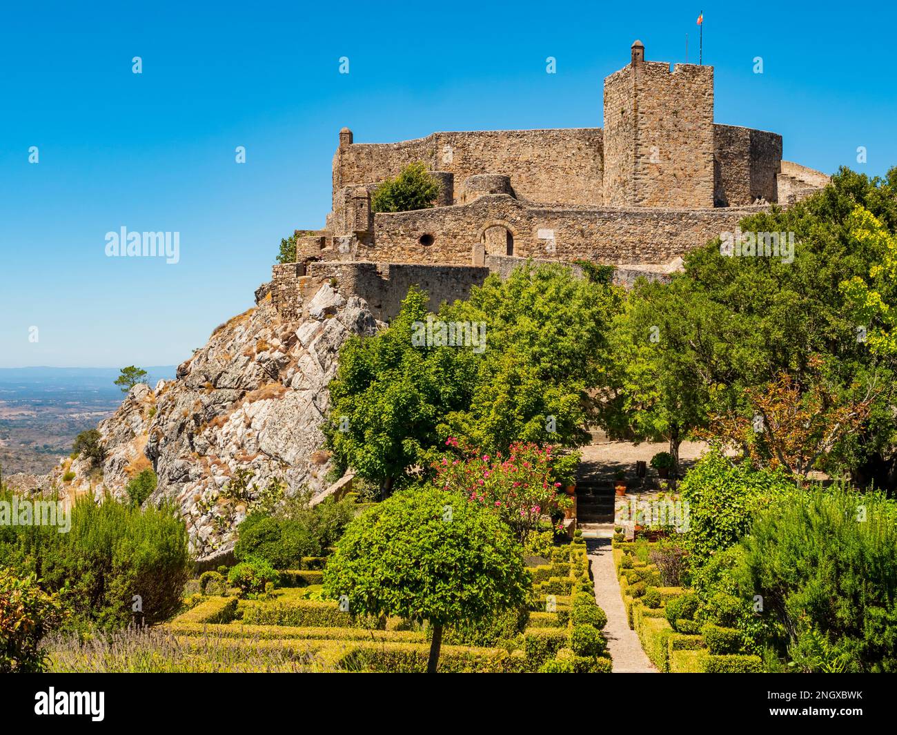 Impressive view of gardens and keep tower of the medieval Castle of ...