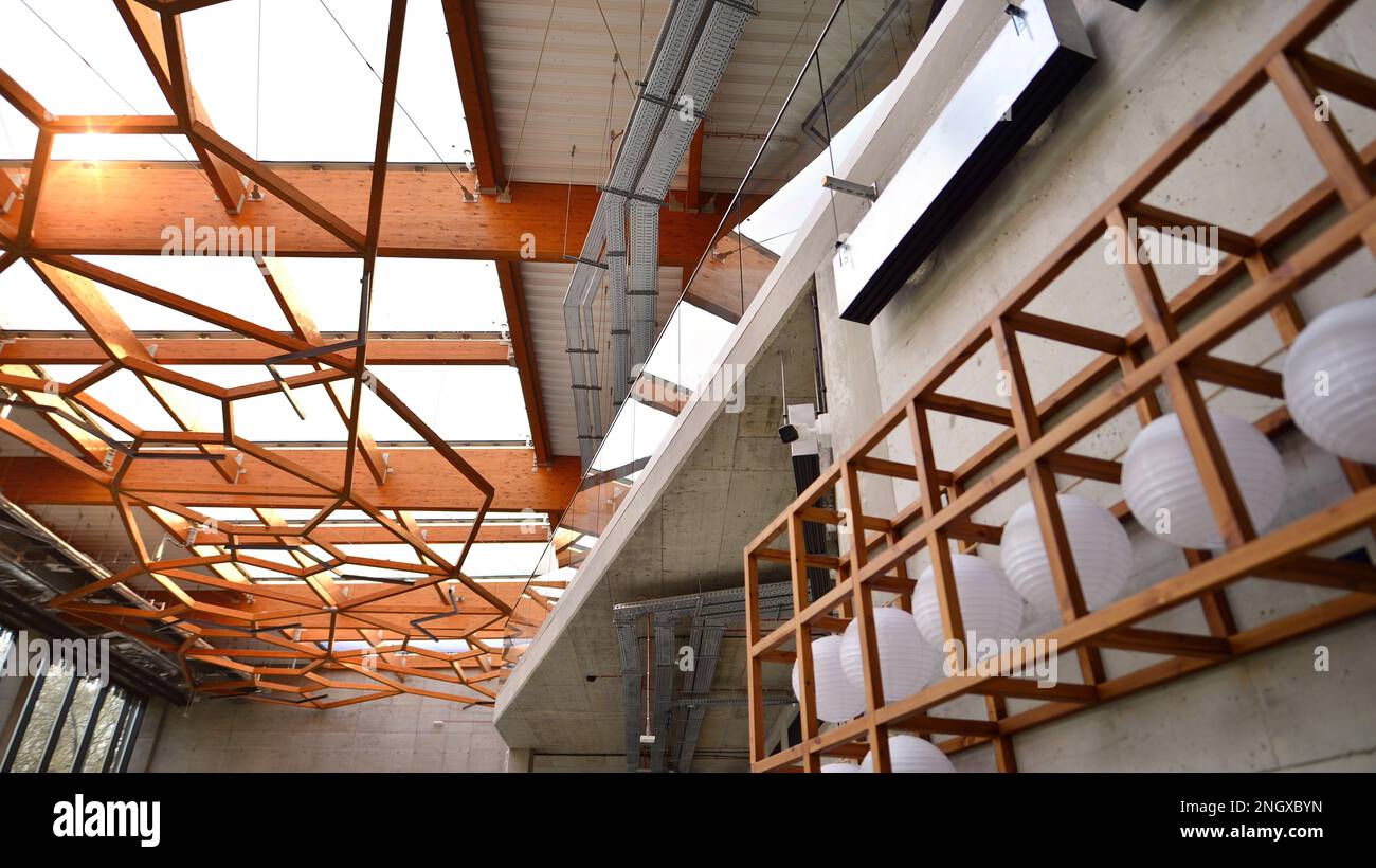 Wooden ceiling structure. Building with modern architectural design ...