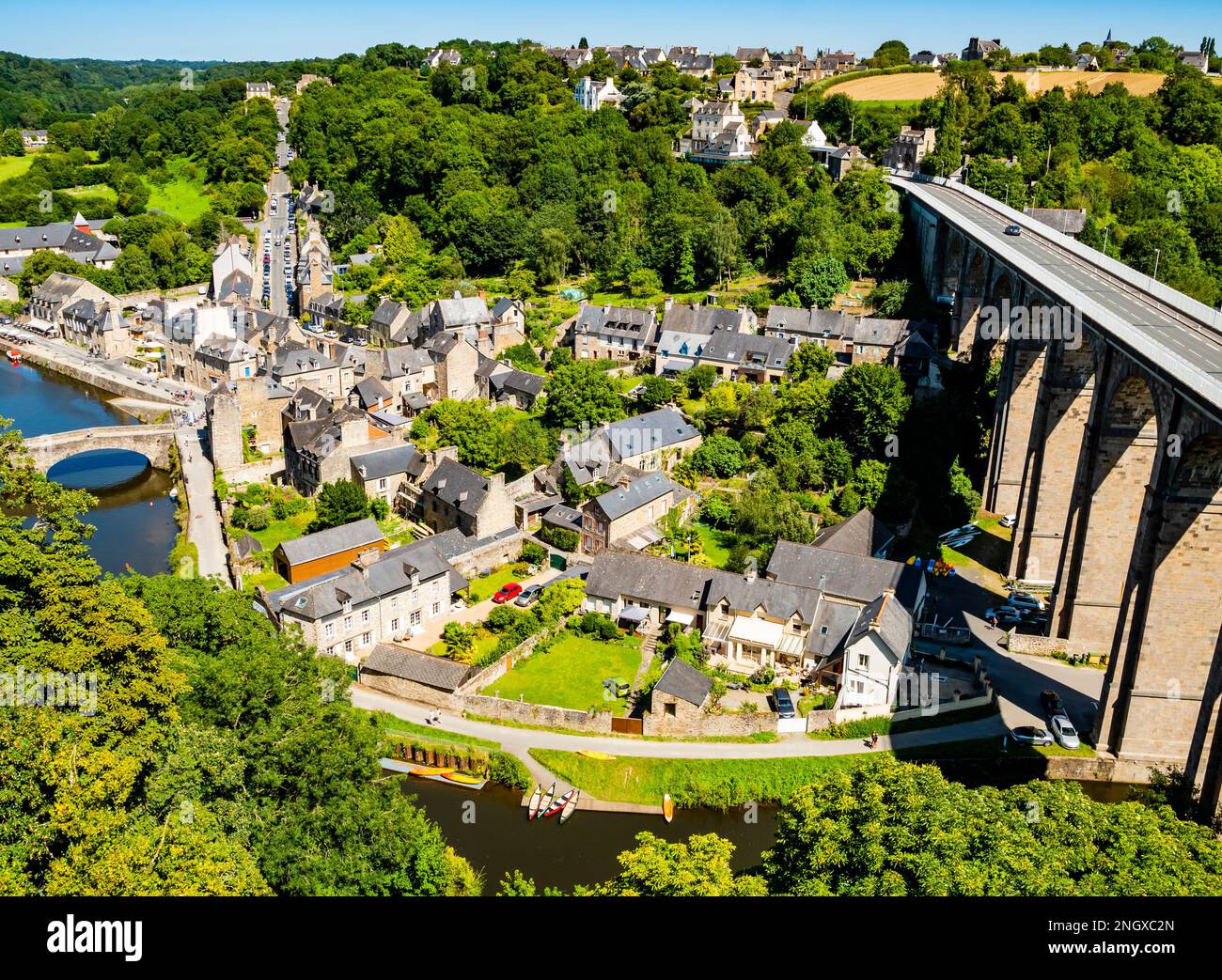 Impressive view of the port of Dinan with gothic bridge and viaduct ...