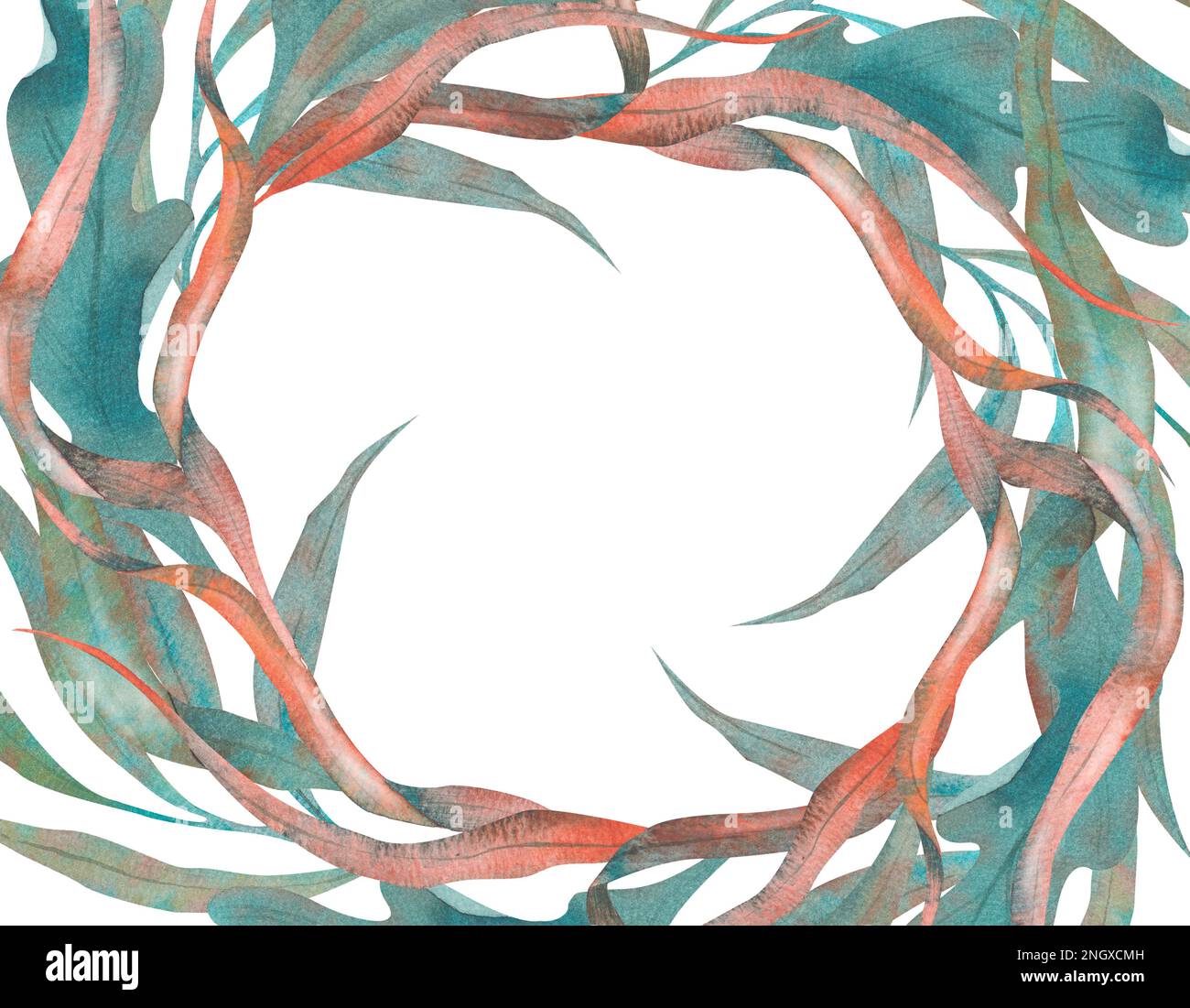 Frame with algae, underwater plants in turquoise, hand-drawn watercolor ...