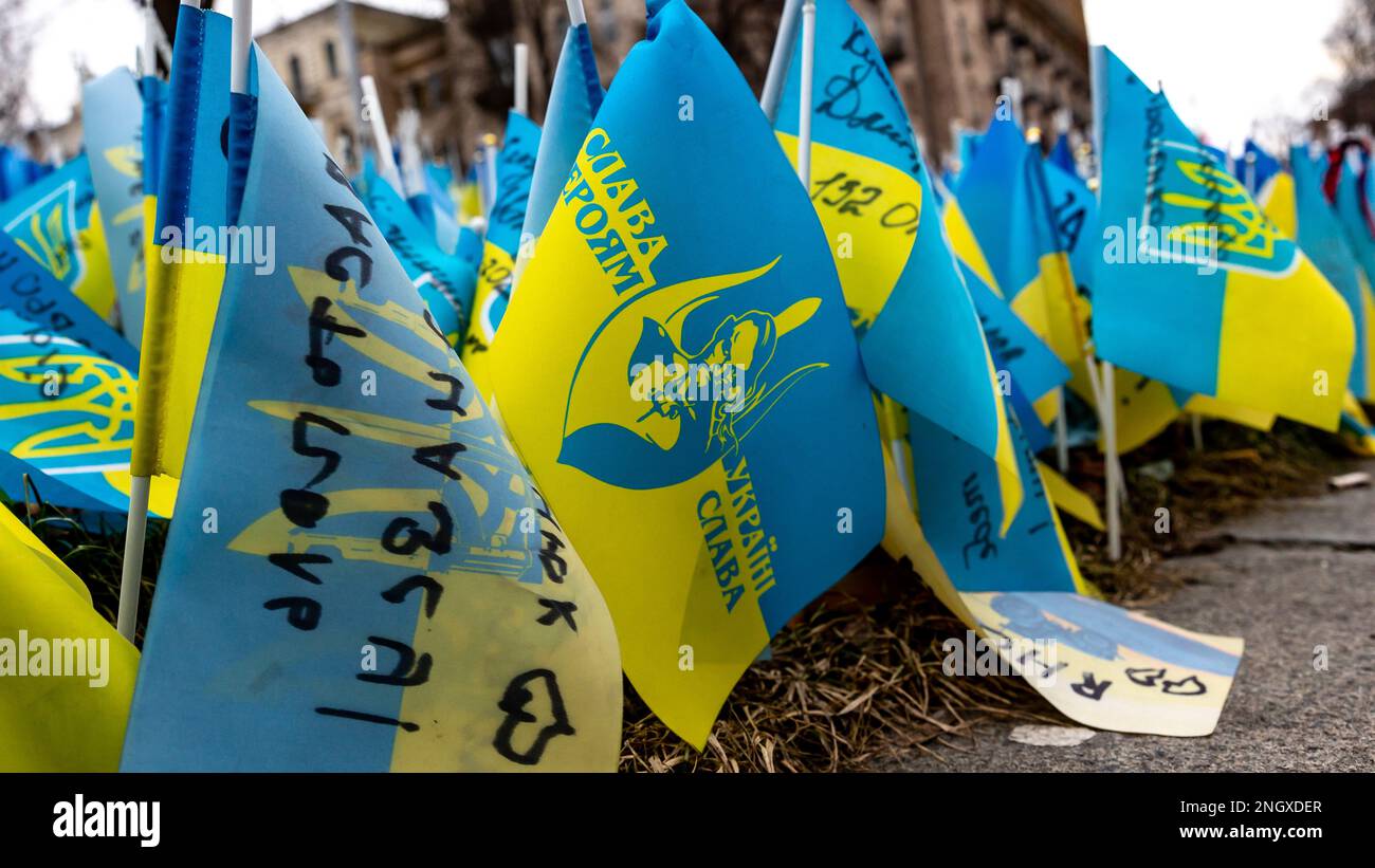 Kyiv, Ukraine. 19th Feb, 2023. Blue and yellow Ukrainian national flags ...
