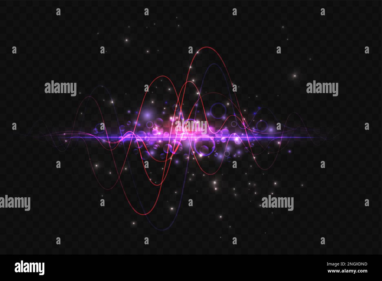 Neon waves of energy or sound and glowing particles with purple light ...