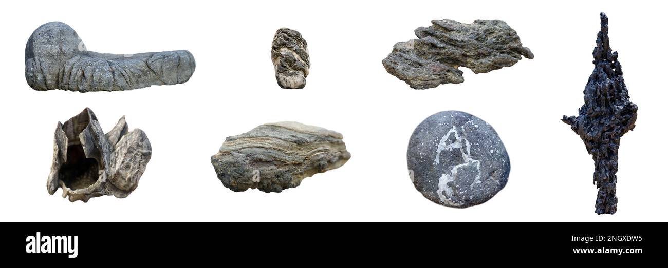 Set of different natural stones of strange shape isolated on white ...