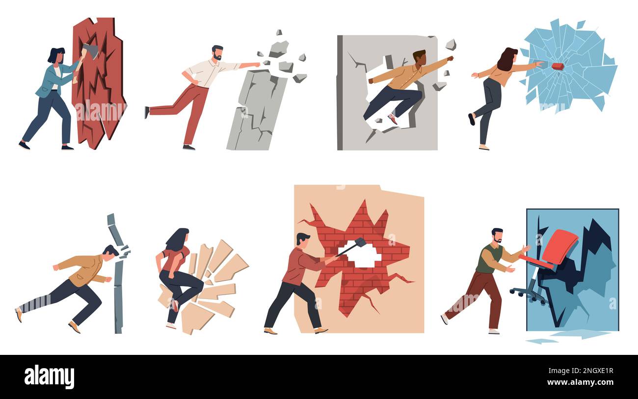 Business people destroying walls. Flat employees smash obstacles in ...