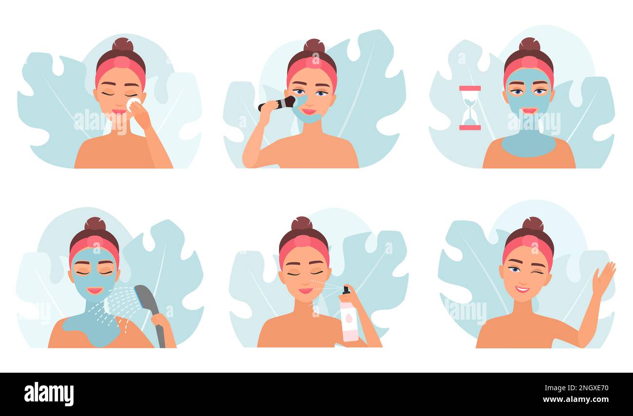 Skin care set vector illustration. Cartoon girls use cotton pads for ...