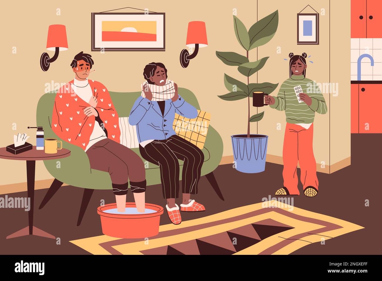 Ill person. Family has cold, parents, child with disease symptoms ...