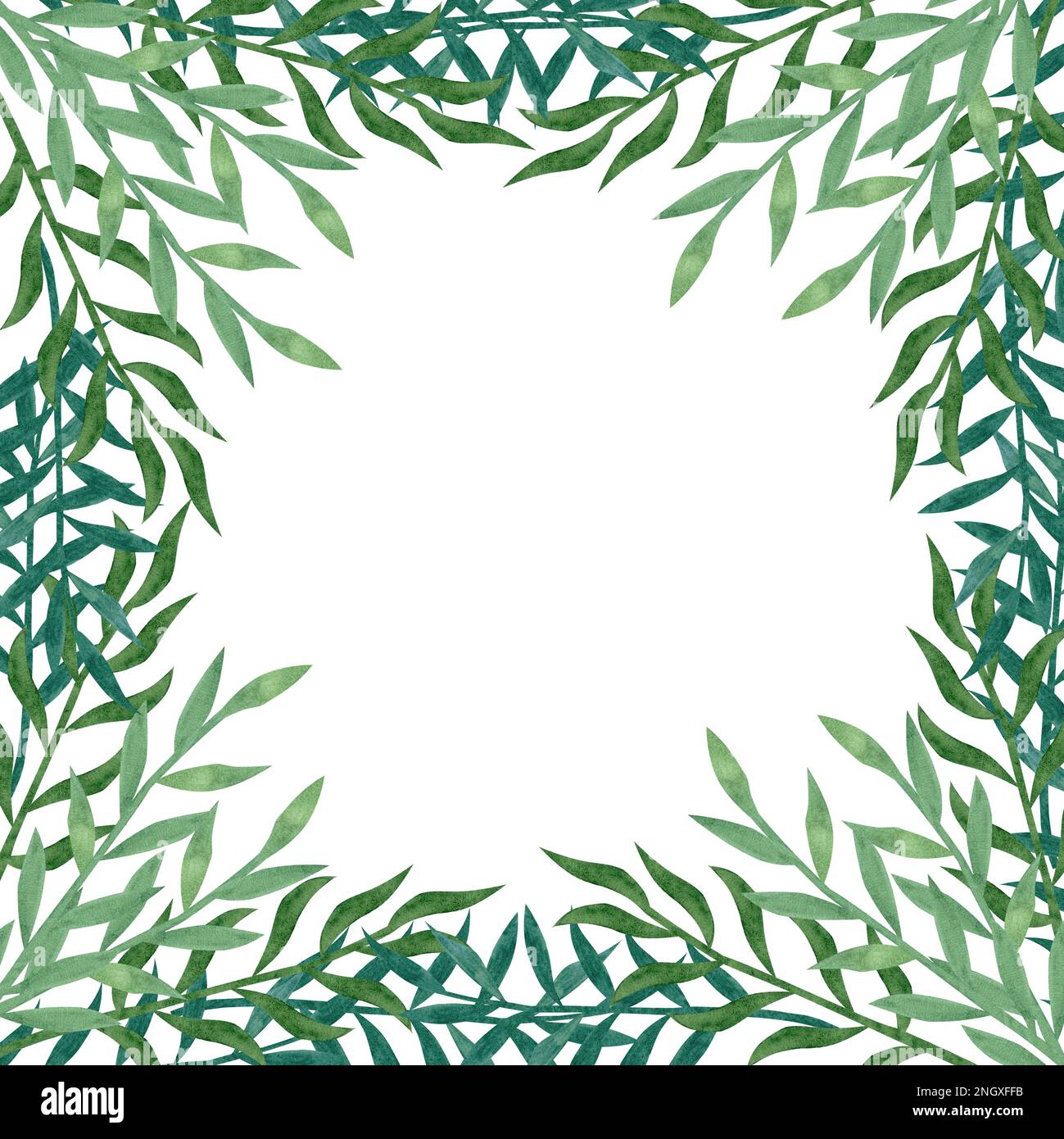 Frame from abstract green leaves. Hand-drawn watercolor illustration ...