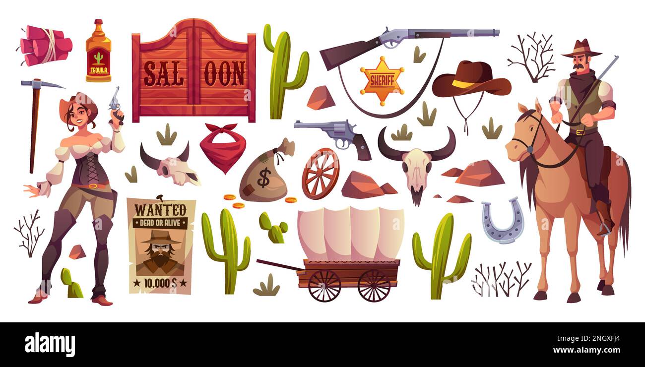Wild west elements. Cartoon western objects, cowboy accessories, horse ...