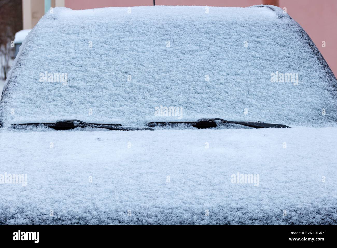 snow covered car windshield, wipers and bonnet Stock Photo - Alamy