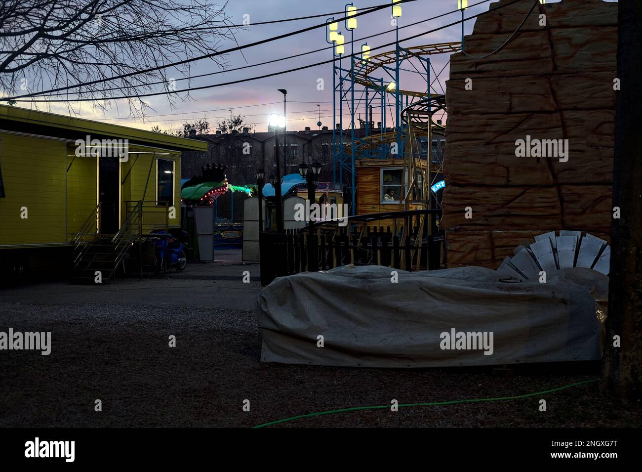 Food stalls at an amusement park at dusk Stock Photo - Alamy