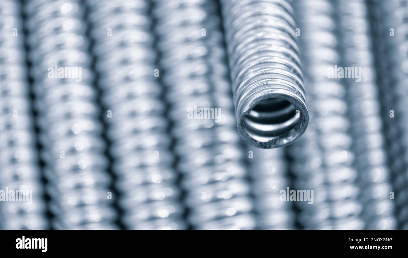 Stainless steel flexible pipes, close-up mackro. Industrial metal ...
