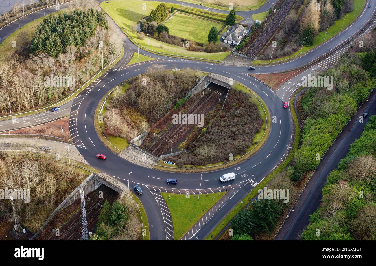 Aerial view of roundabout over railway track at Port Glasgow Stock ...