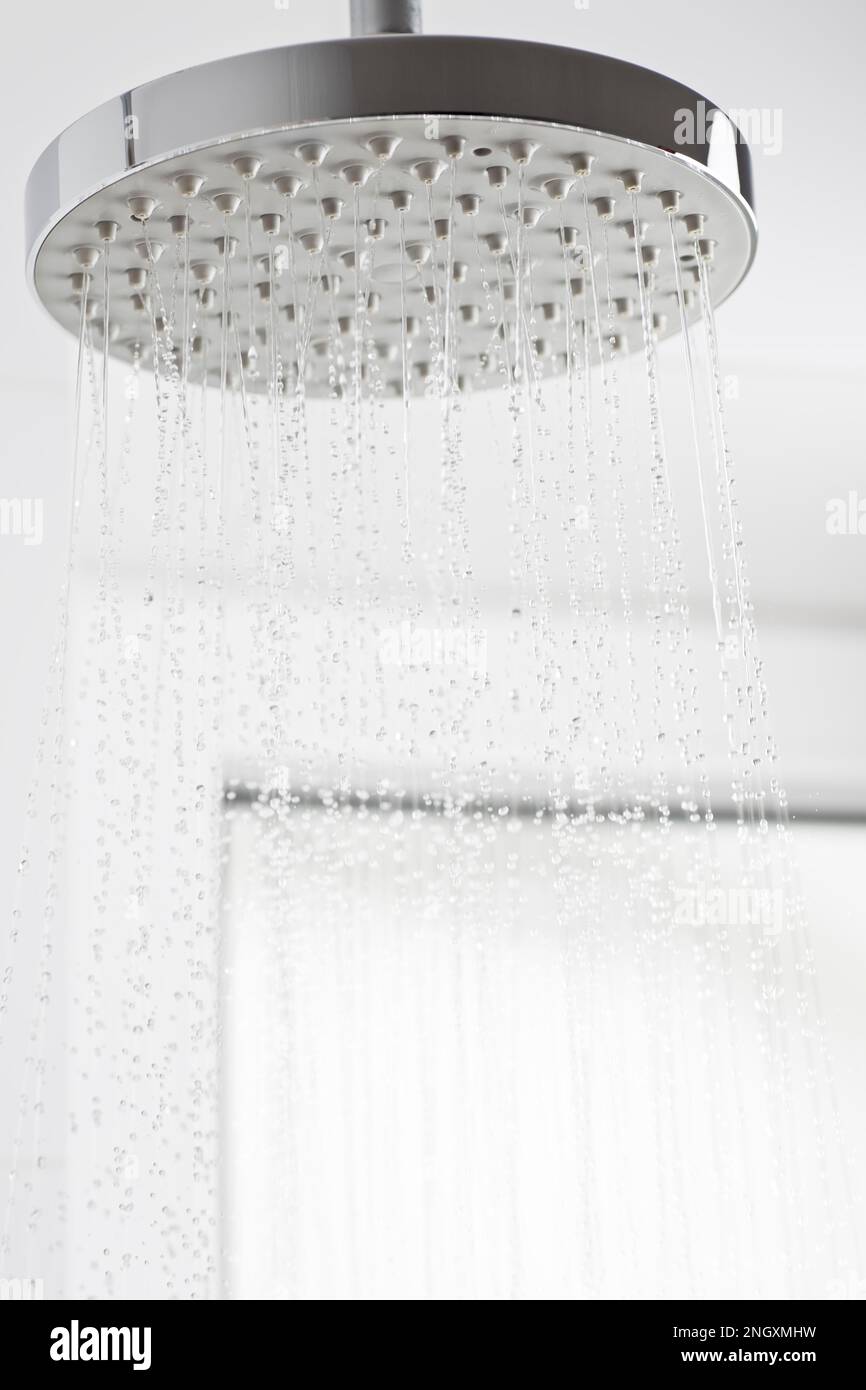 Flowing water drops from a shower head in a white bright bathroom ...