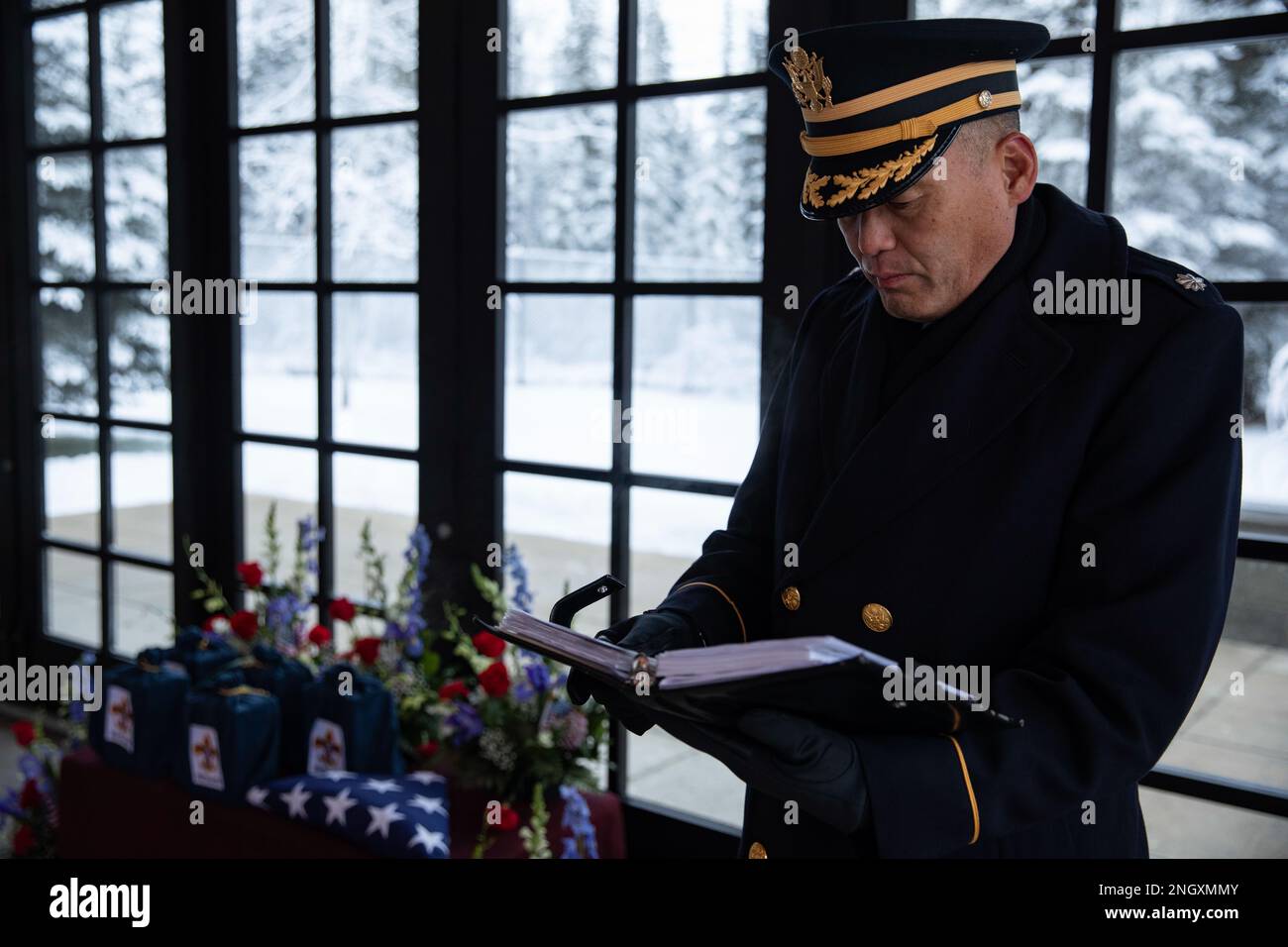 U.S Army Lt. Col. Eun Kim, deputy installation chaplain, officiates an ...