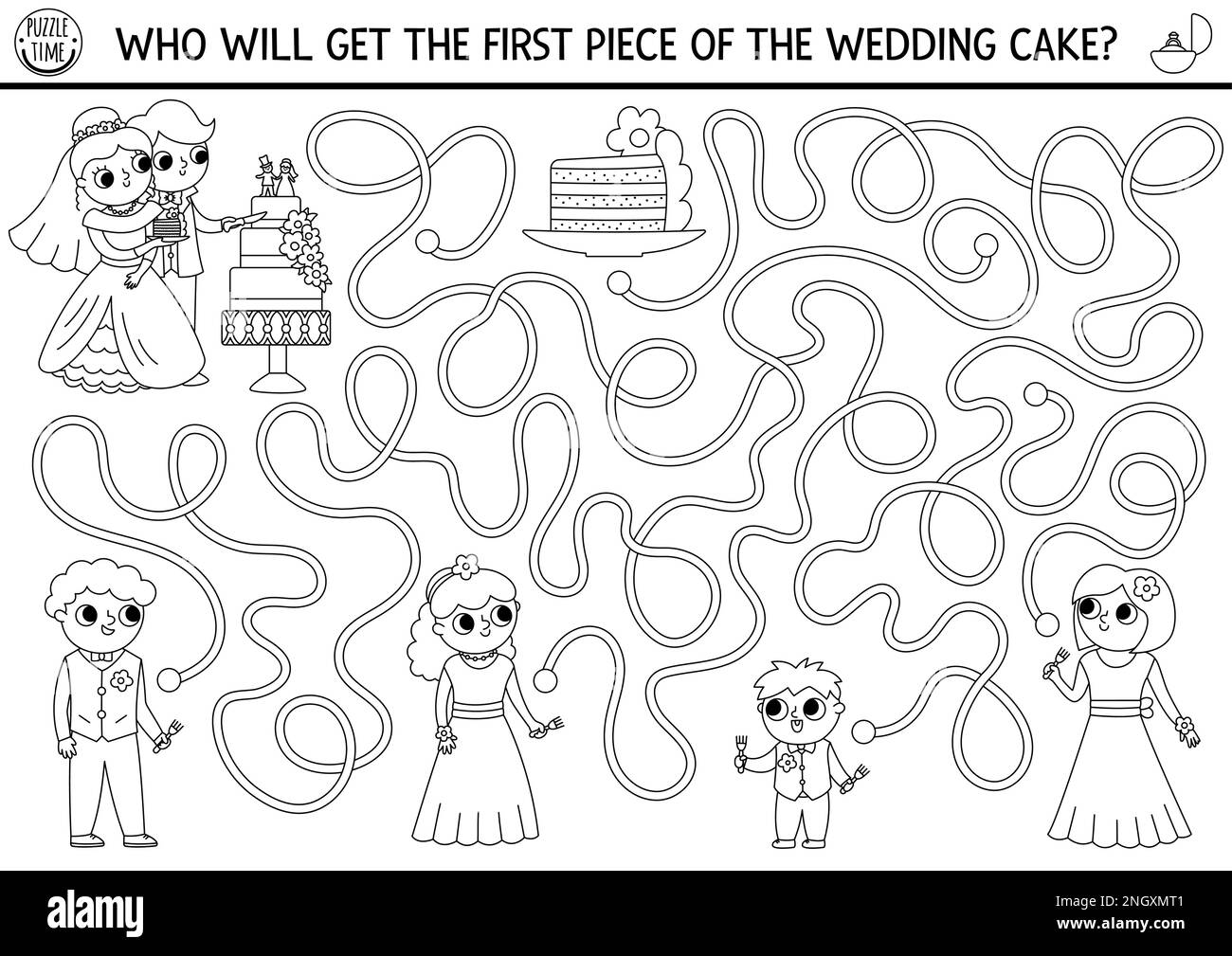 Wedding black and white maze for kids with bride and groom cutting the ...