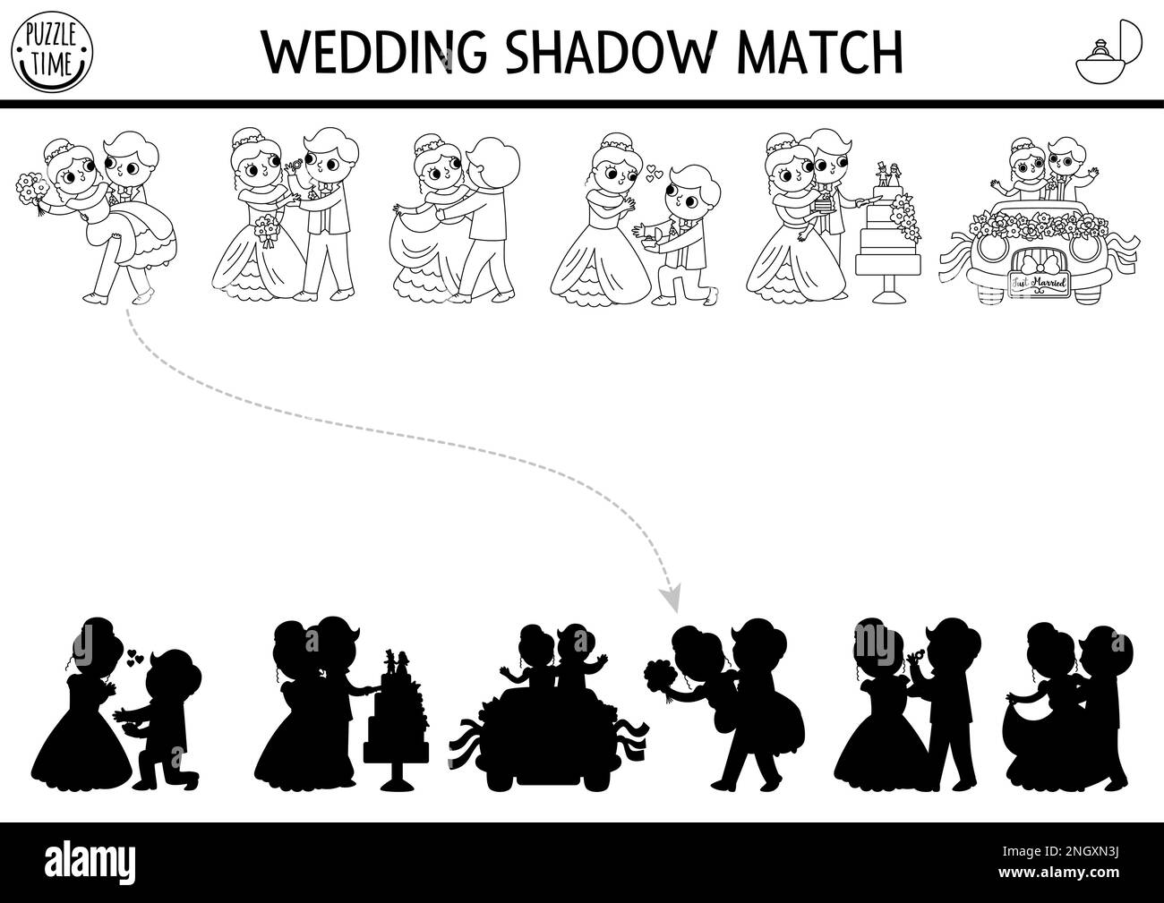 Wedding black and white shadow matching activity with bride, groom ...