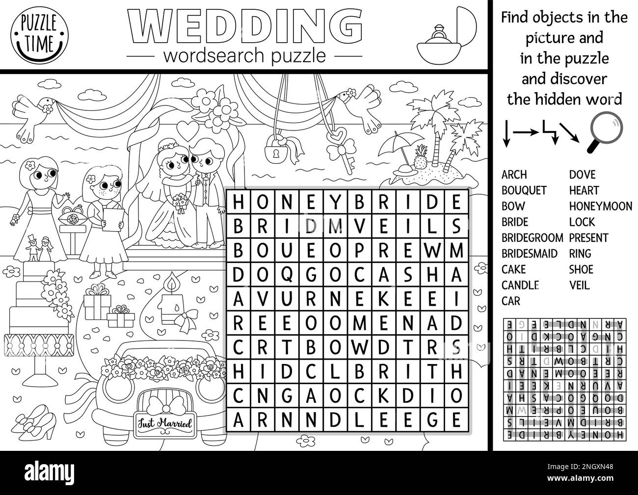 Vector black and white wedding wordsearch puzzle for kids. Word search ...