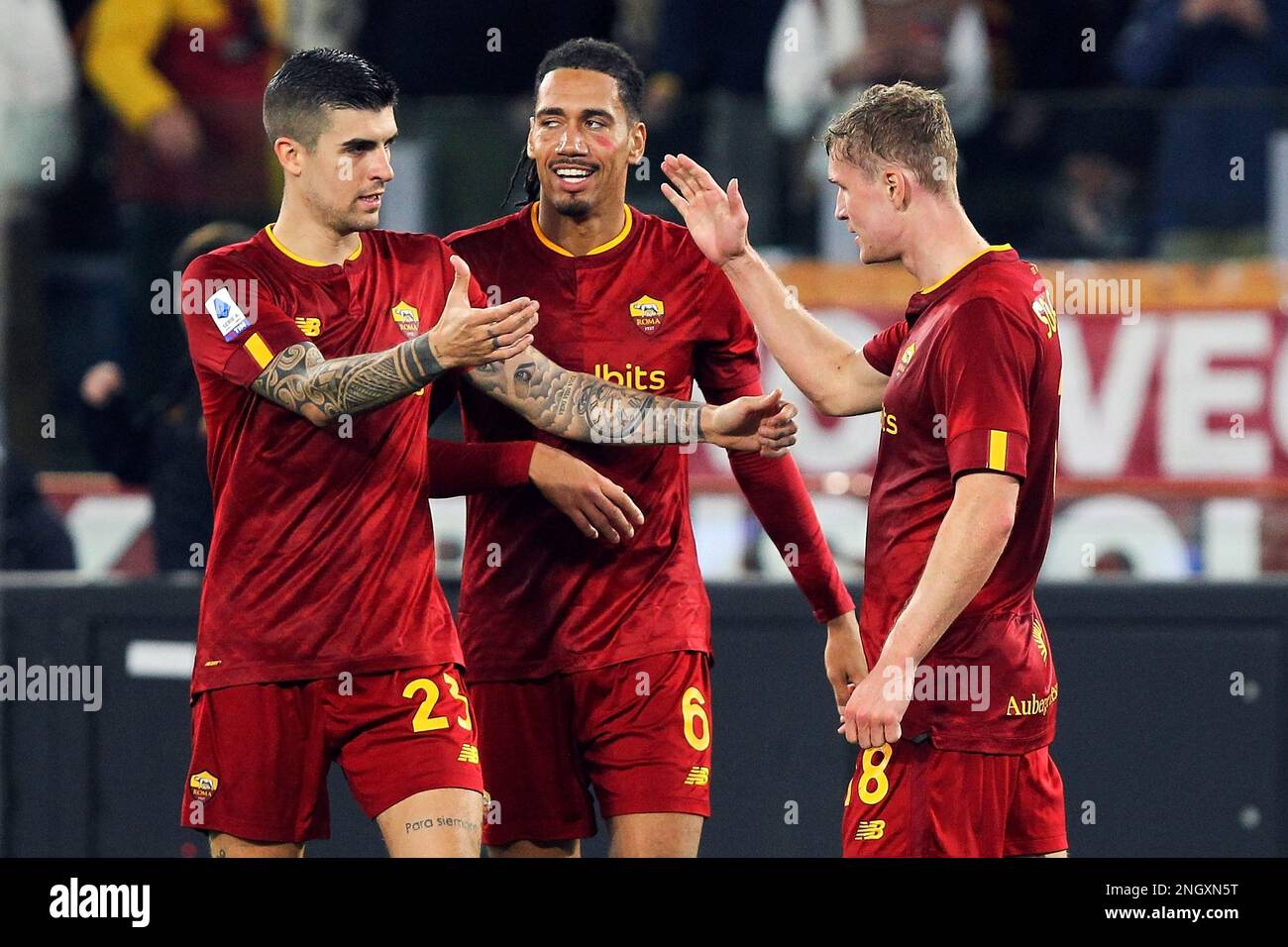 Ola Solbakken of Roma (R) celebrates with Chris Smalling (C) and ...