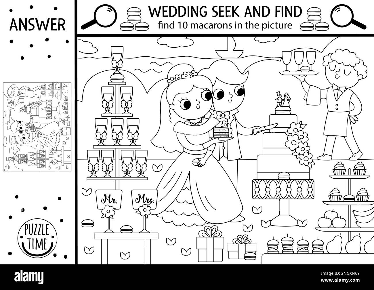 Vector black and white wedding searching game with marriage ceremony ...