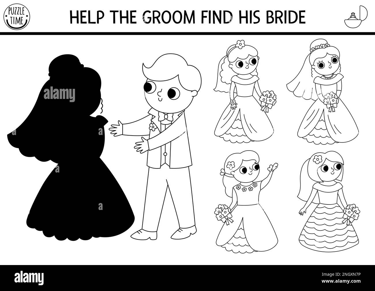 Wedding black and white shadow matching activity with bride and groom ...