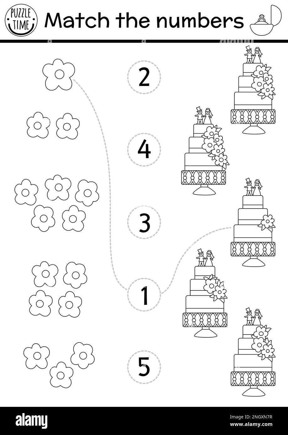 Match the numbers black and white wedding game with cake and flower ...