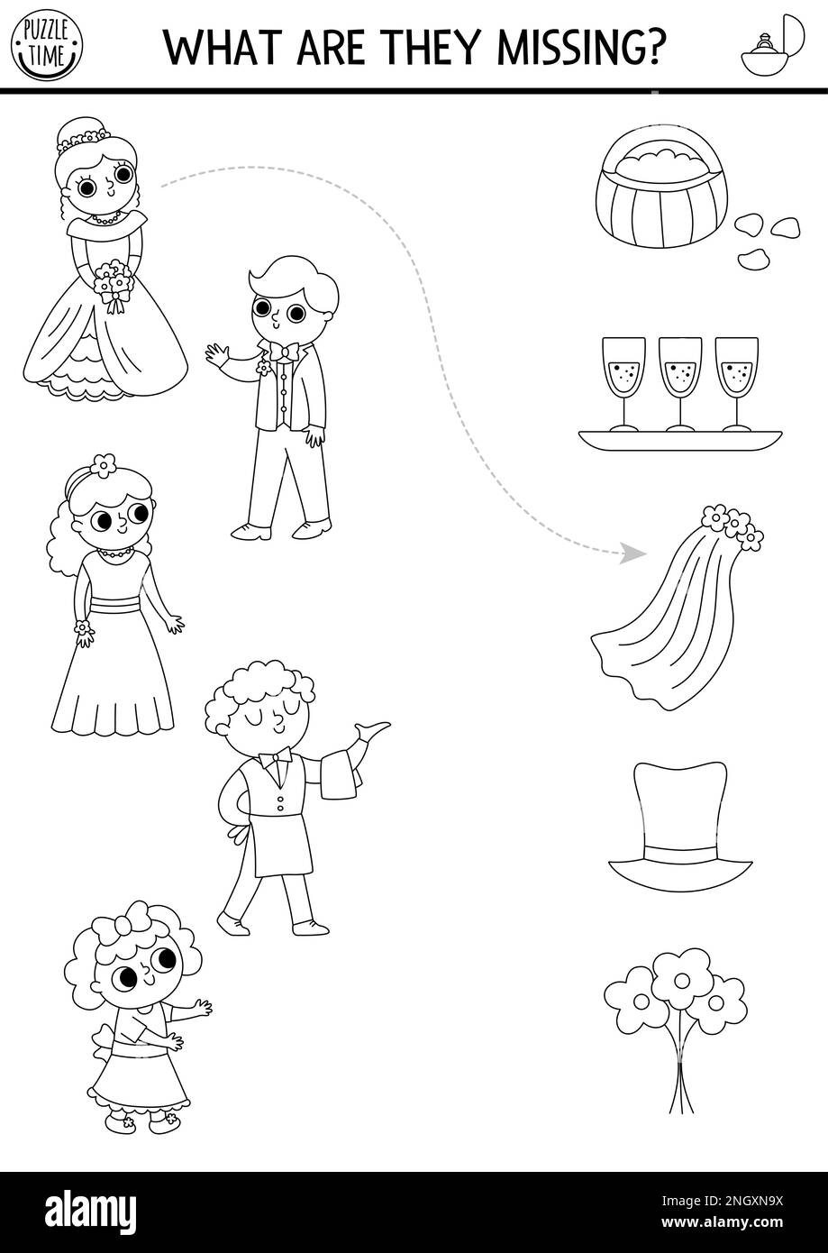 Wedding matching activity with cute bride, groom. Marriage ceremony ...