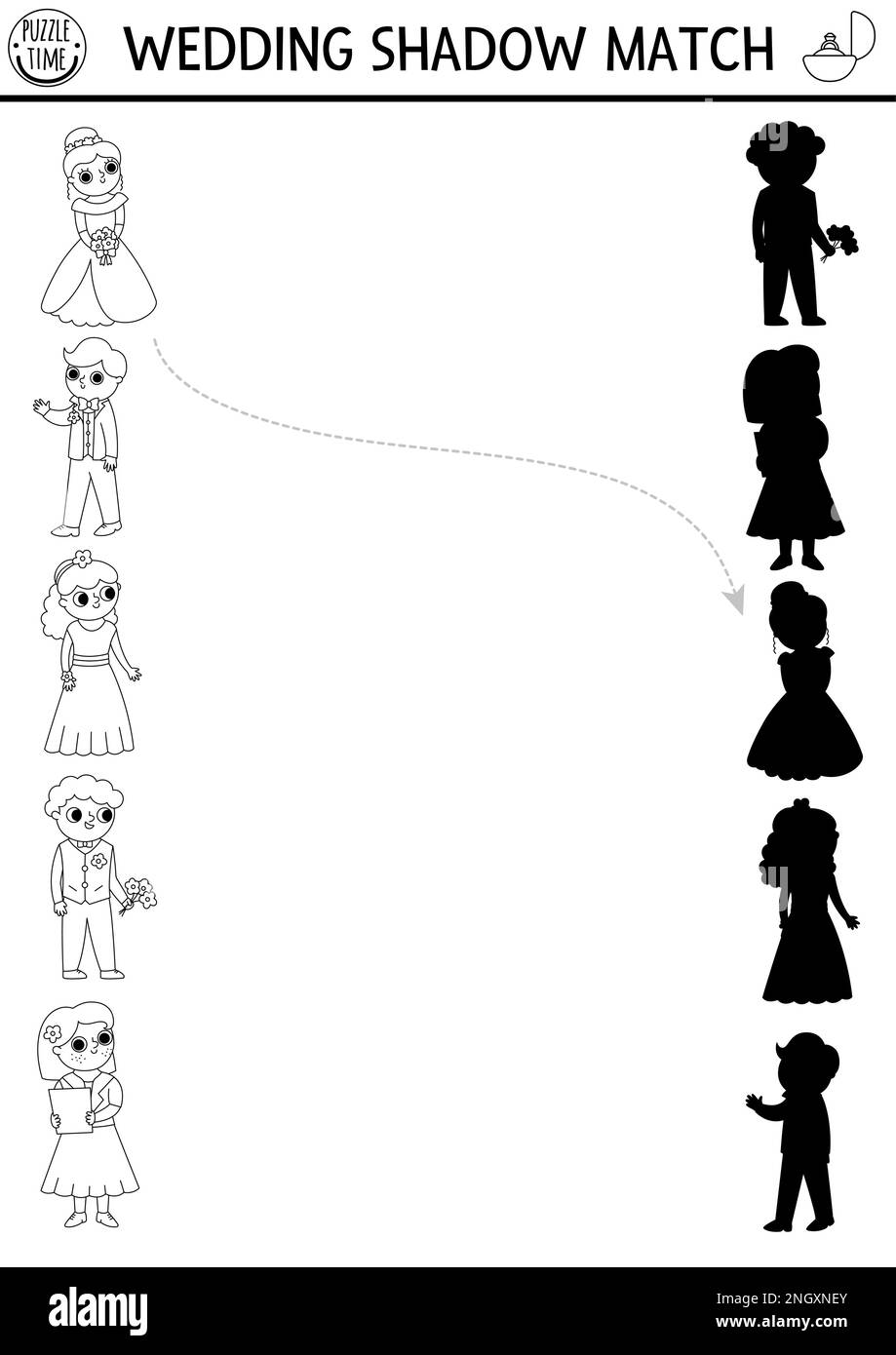 Wedding black and white shadow matching activity with bride, groom ...