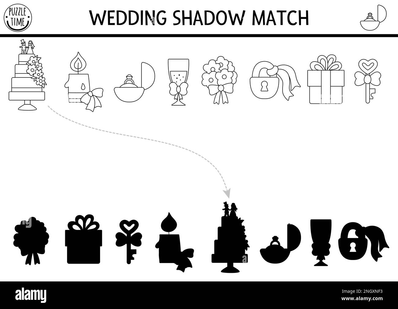 Wedding black and white shadow matching activity with cute bride, groom ...