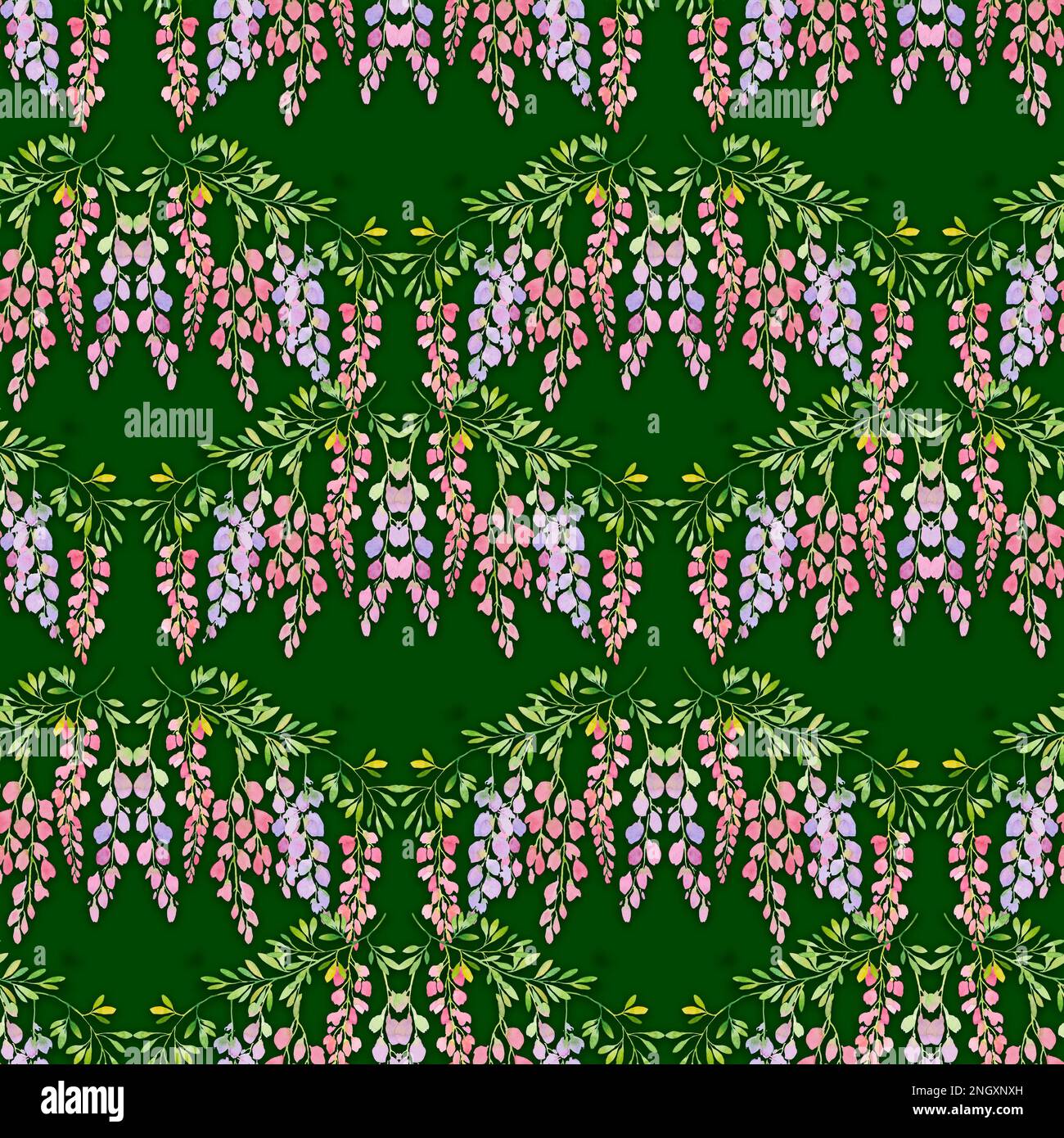 wisteria flowers seamless pattern on green background, watercolor ...