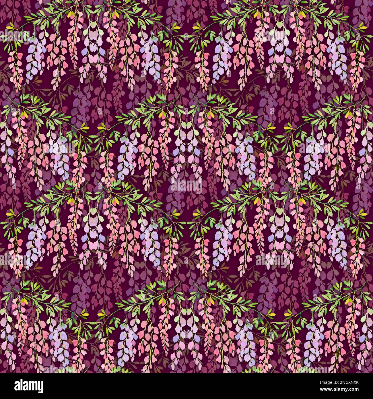 wisteria flowers seamless pattern , watercolor illustration. Drawing ...