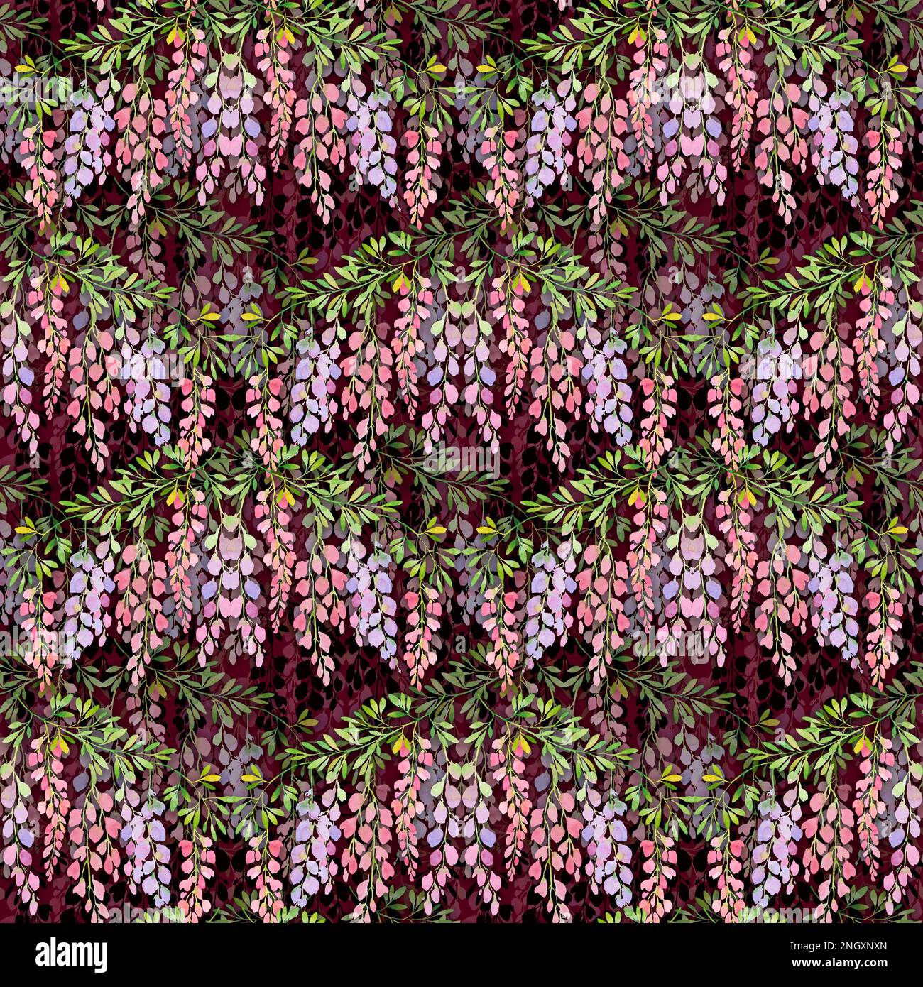 wisteria flowers seamless pattern on claret background, watercolor ...