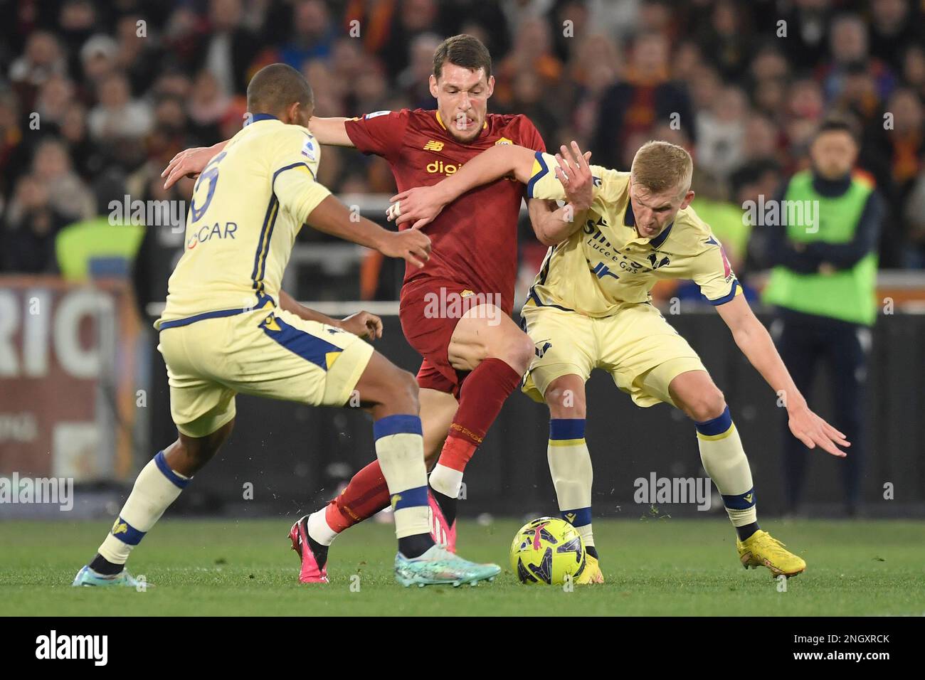 Rome, Italy. 19th Feb, 2023. Andrea Belotti of AS Roma and Isak Kwaku ...