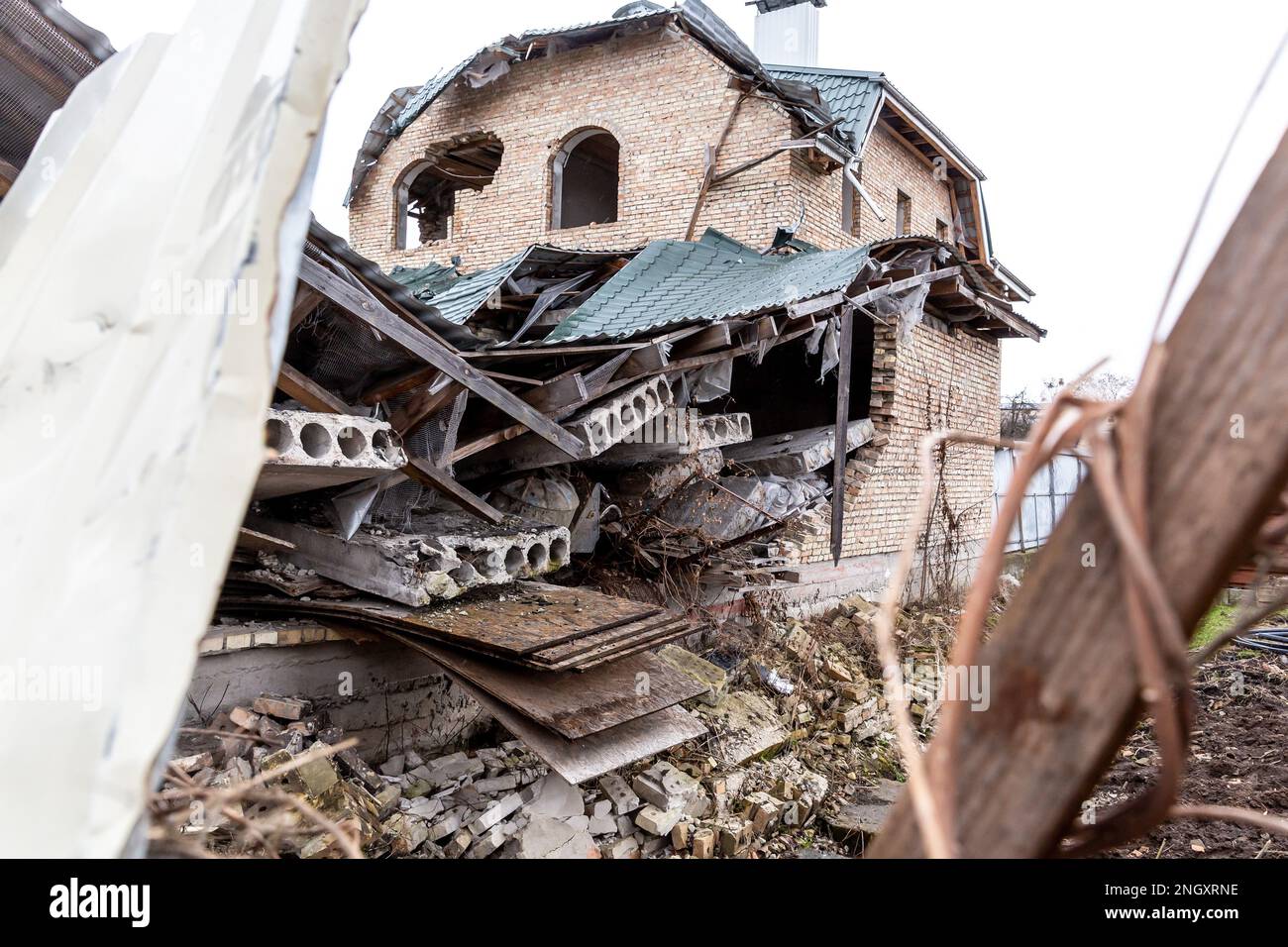 Bucha, Kyiv Oblast, Ukraine. 18th Feb, 2023. A bombarded house where ...