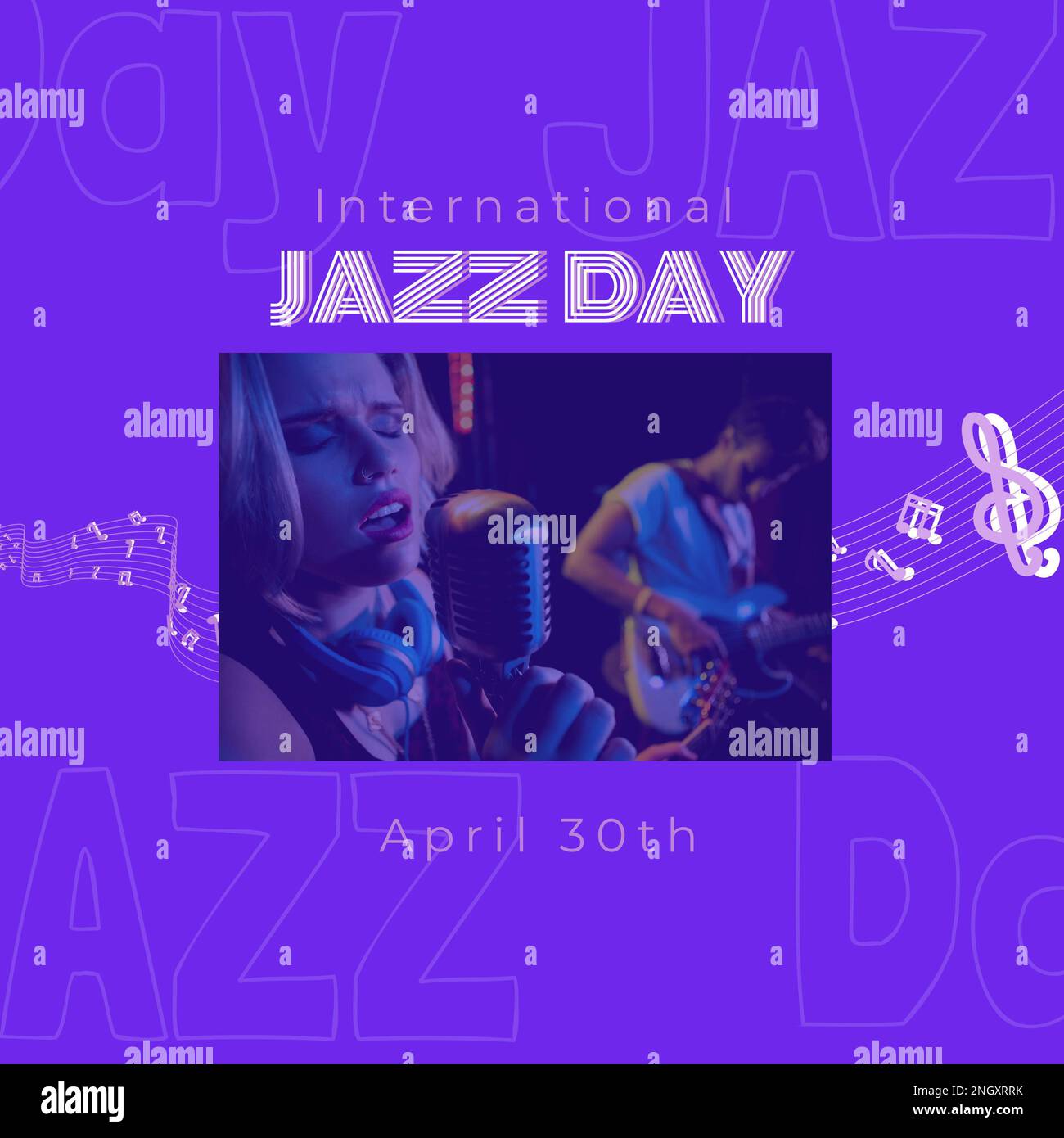 Composite of international jazz day and april 30th, caucasian woman ...